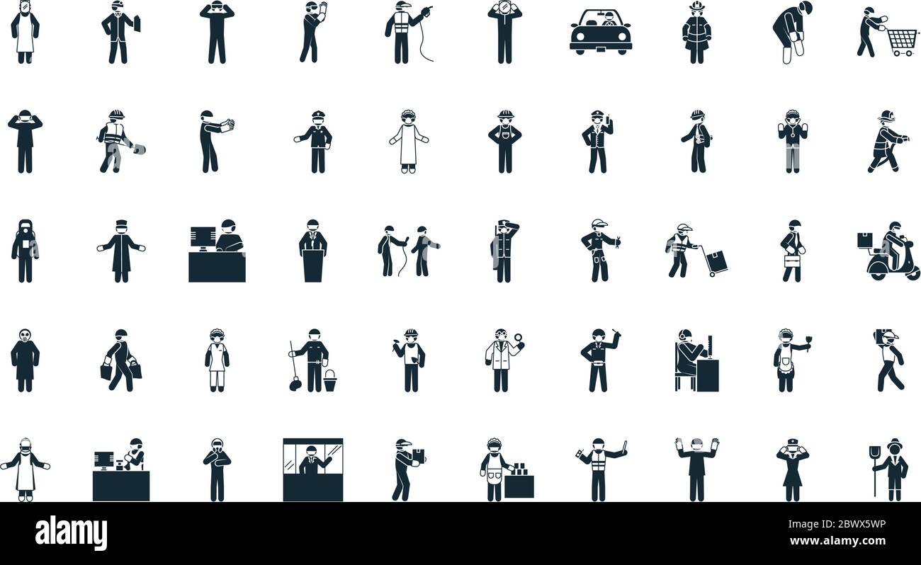 essential pictogram workers icon set over white background, silhouette ...