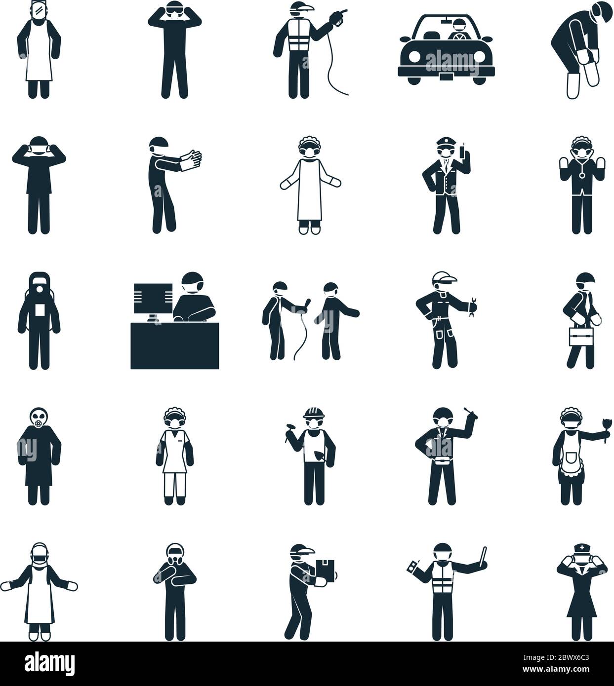 pictogram driver and essential workers icon set over white background ...