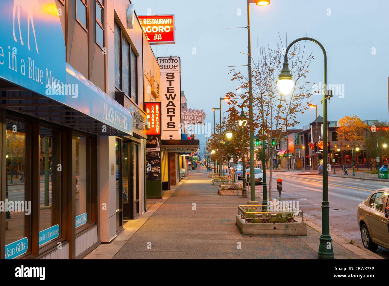 Historic buildings at night on 4th Avenue at F Street in downtown ...
