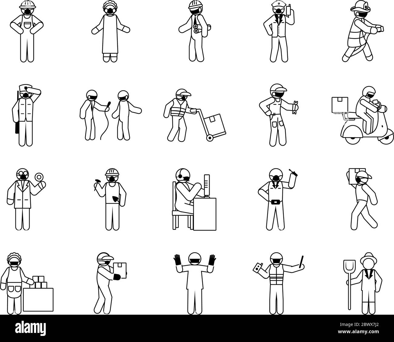 pictogram fireman and essential workers icon set over white background ...