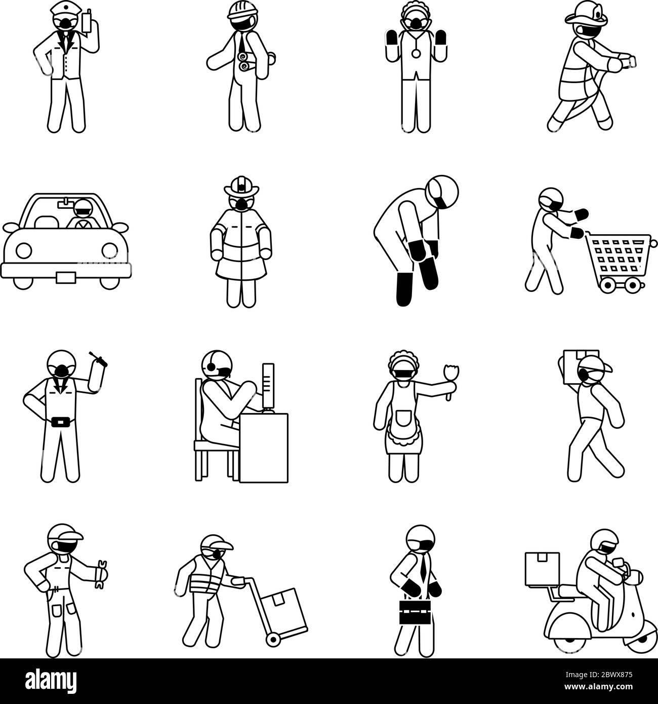 delivery man and essential workers icon set over white background, line ...