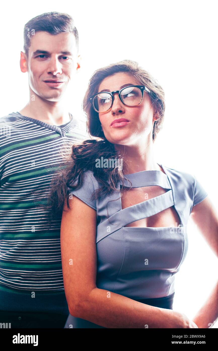 love affair at work, young pretty couple, man and woman together ...