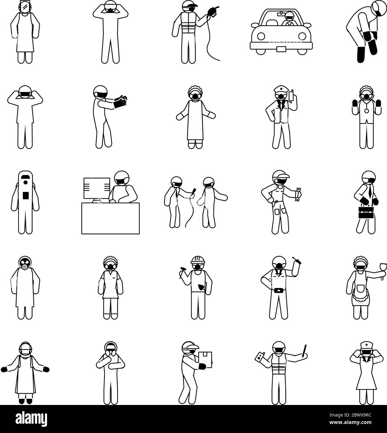 pictogram driver and essential workers icon set over white background ...