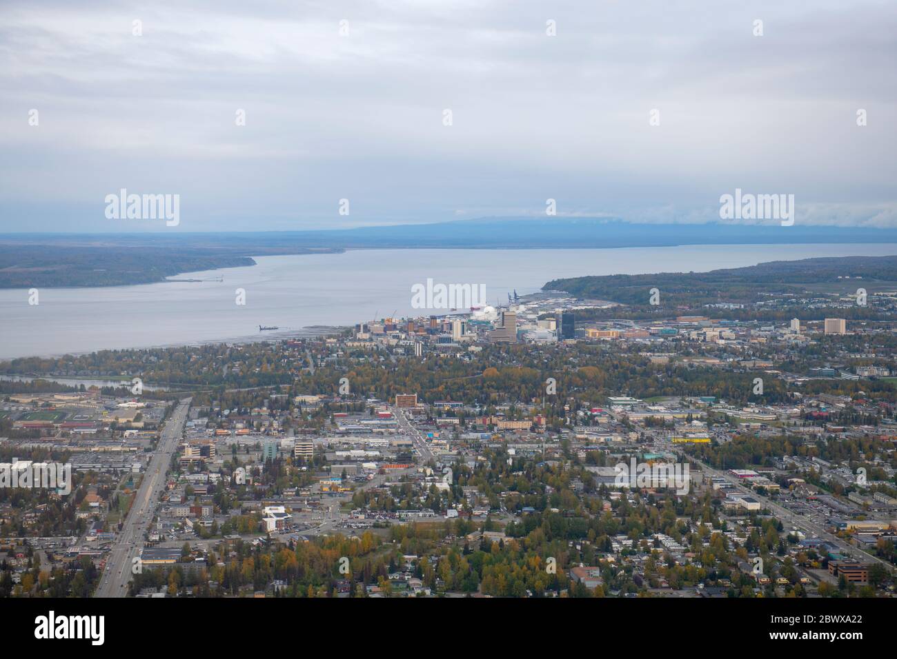 Aerial view of downtown Anchorage and Port on Knik Arm from a taking ...