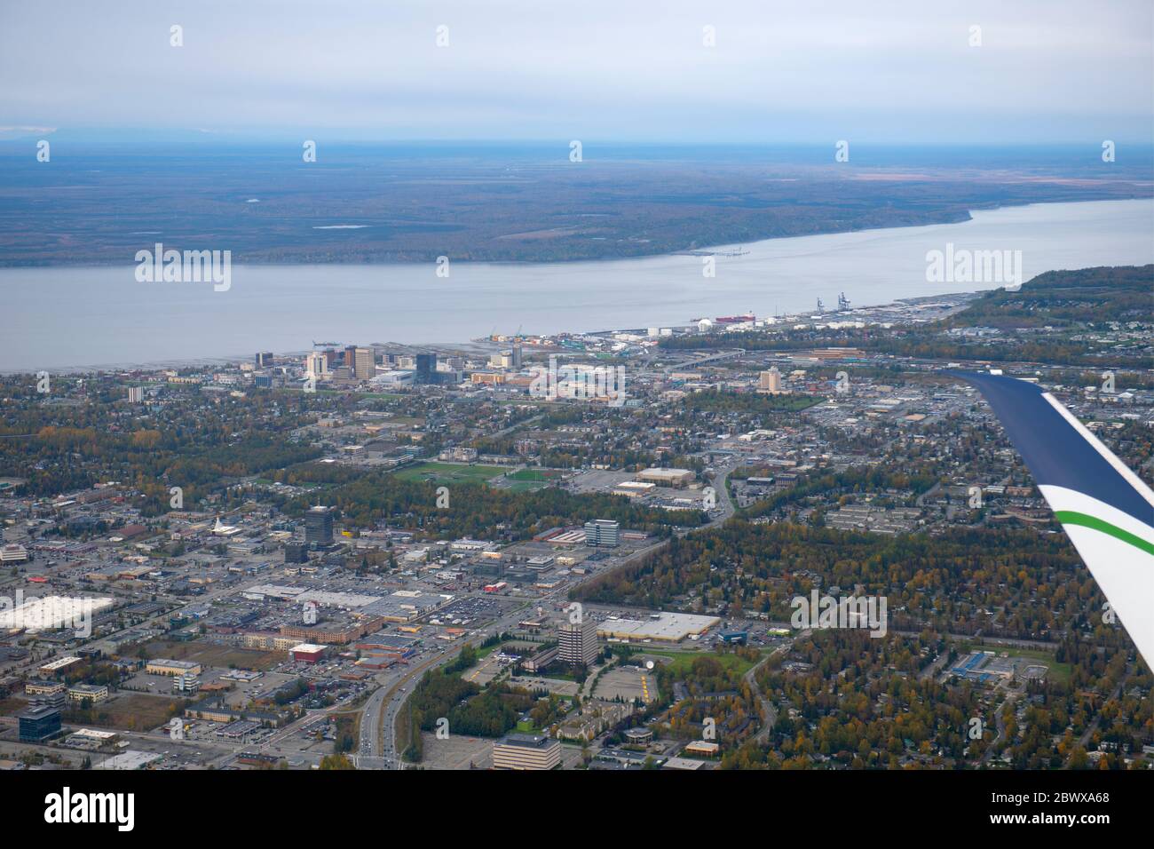 Aerial view of downtown Anchorage and Port on Knik Arm from a taking ...