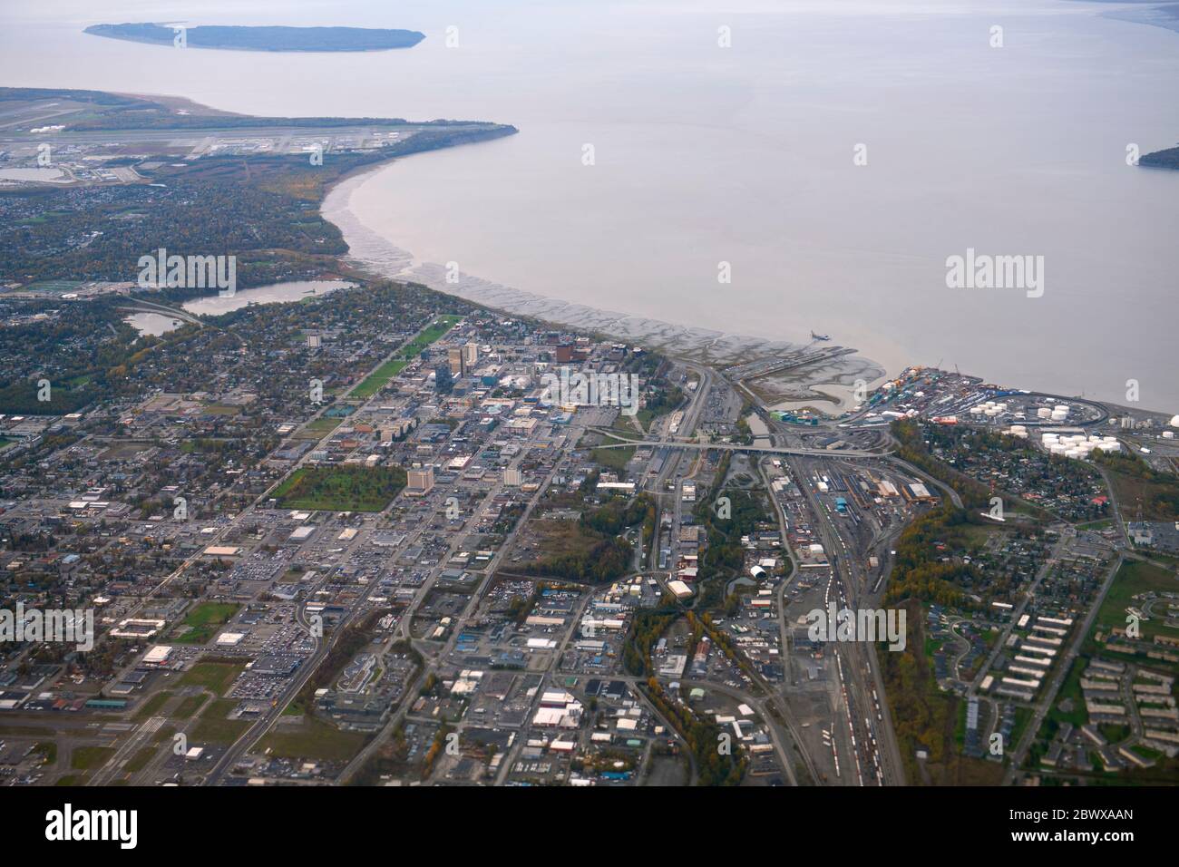 Aerial view of downtown Anchorage and Port on Knik Arm from a taking ...