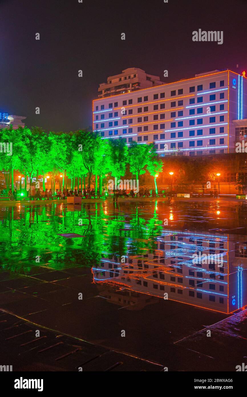 Xian, China - May 1, 2010: Black night scene. Lighted up China ...