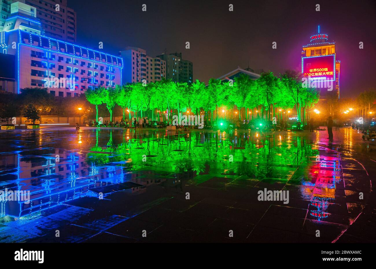 Xian, China - May 1, 2010: Black night landscape. Lighted up tall ...