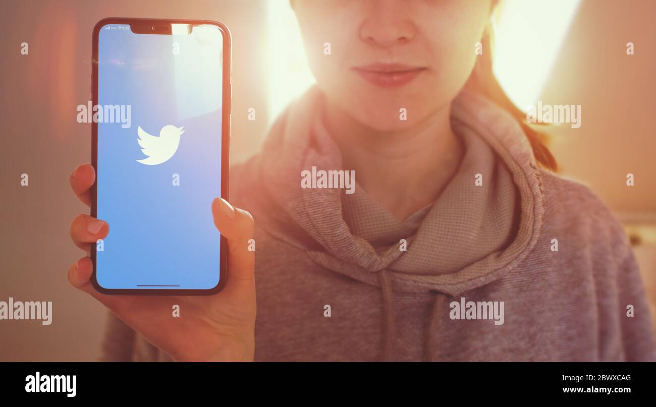 KYIV, UKRAINE-JANUARY, 2020: Twitter on Smartphone Screen. Young Girl ...