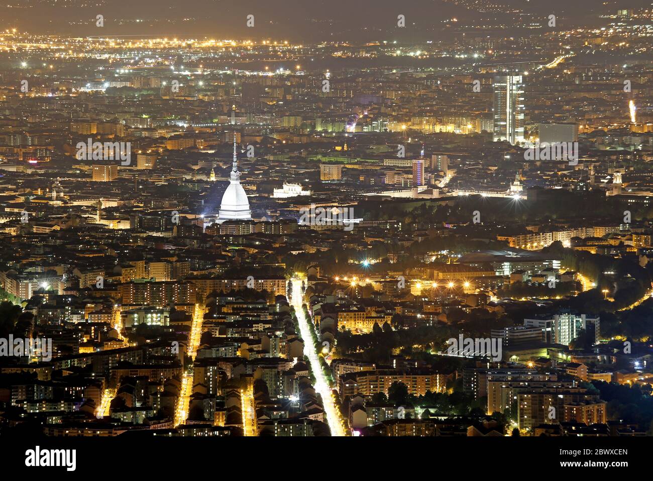 night view of Turin city in Northern Italy and the famous landmark ...