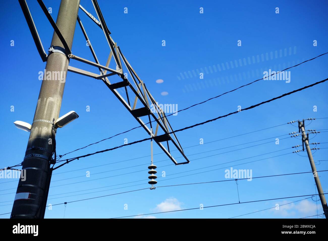 Scenery of Electric Pole from Train Window with Light Bulb Reflection ...