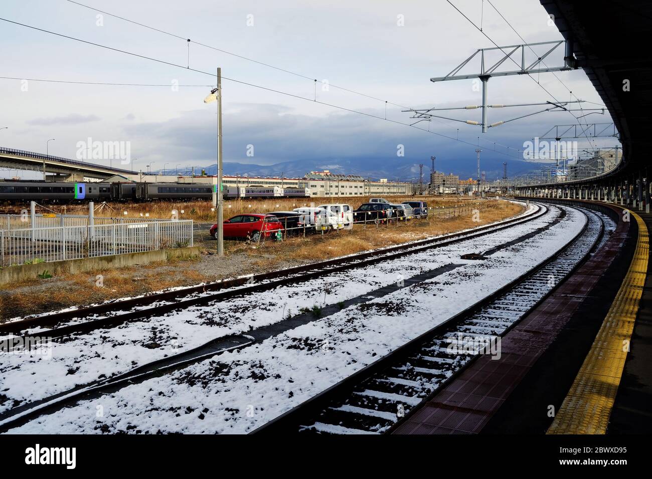 Snow rail track railway winter rail line station perspective hi-res ...
