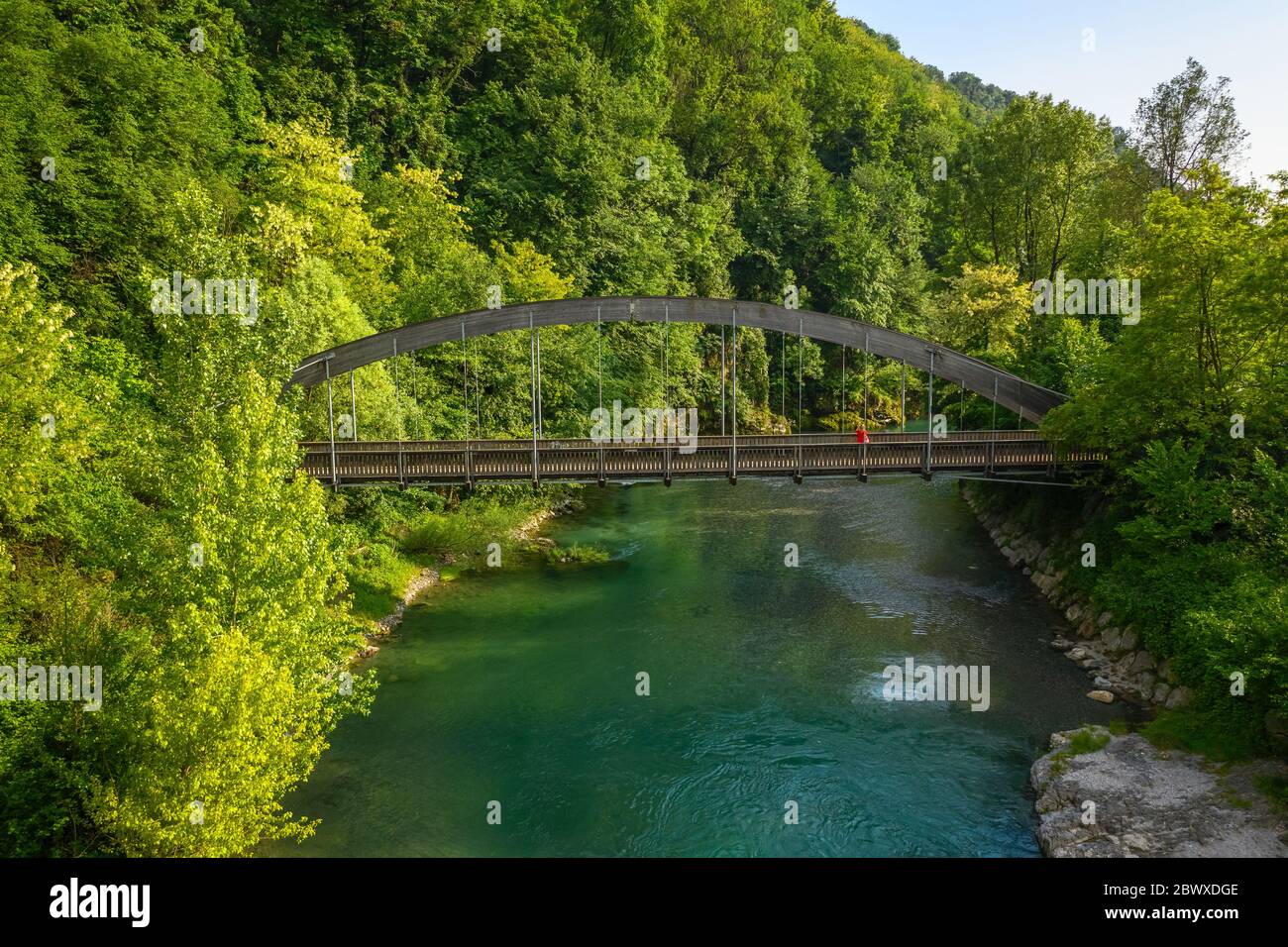 Aerial view of the Serio river and old bridge, Val Seriana Bergamo ...