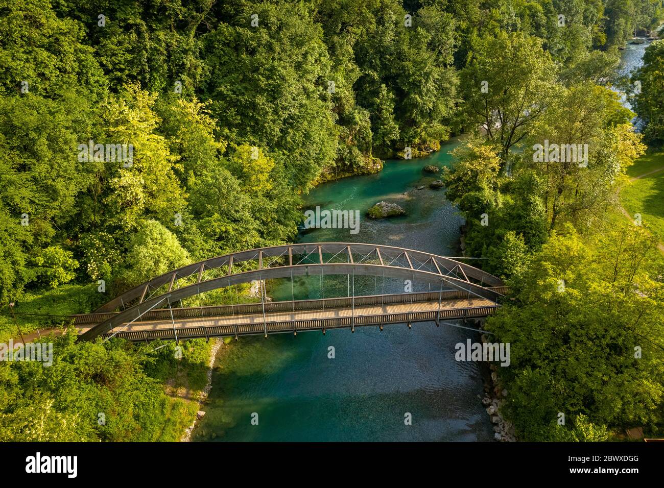 Aerial view of the Serio river and old bridge, Val Seriana Bergamo ...