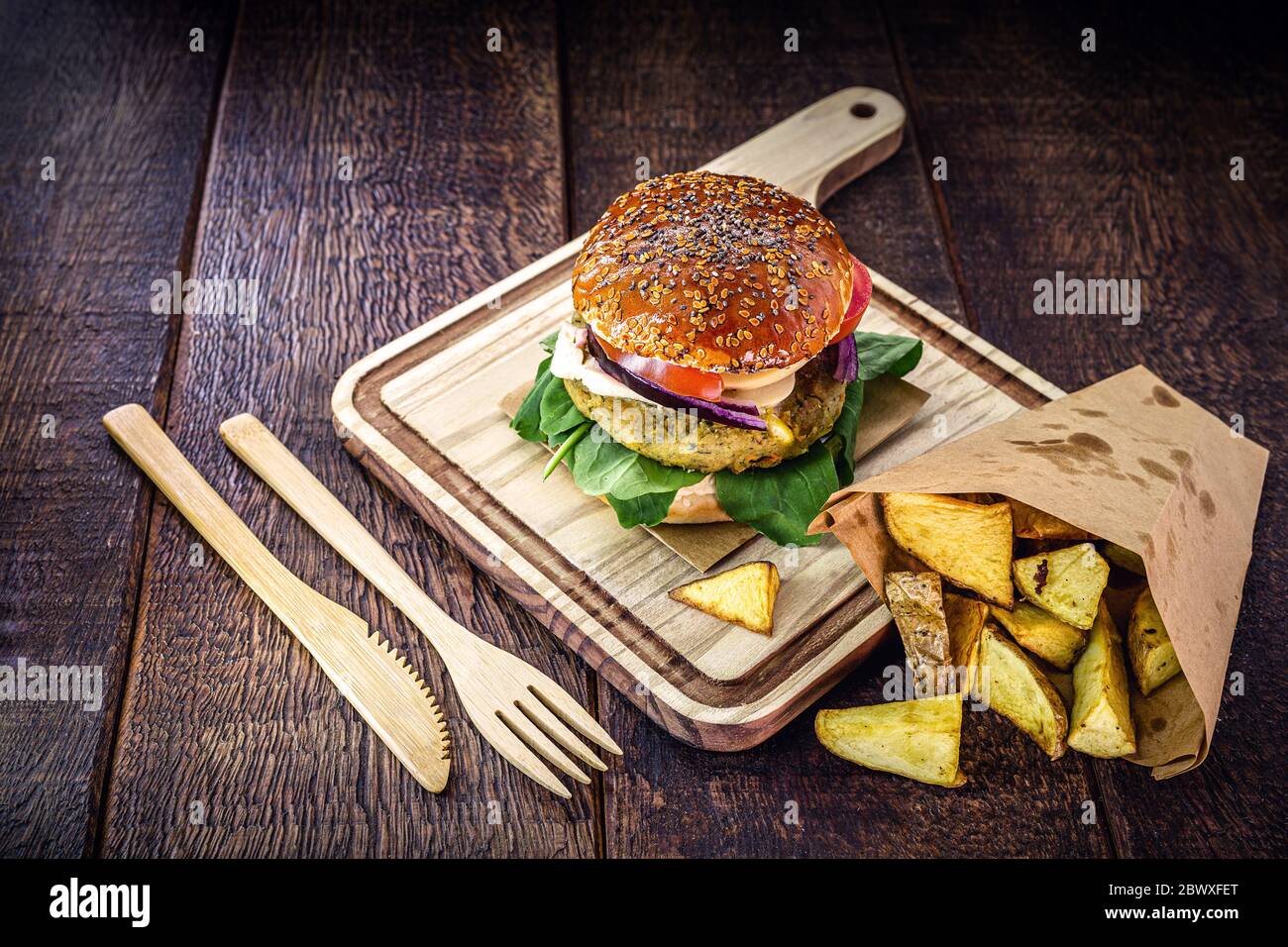 Vegetarian hamburger, sandwich made without meat, with recycled bamboo ...