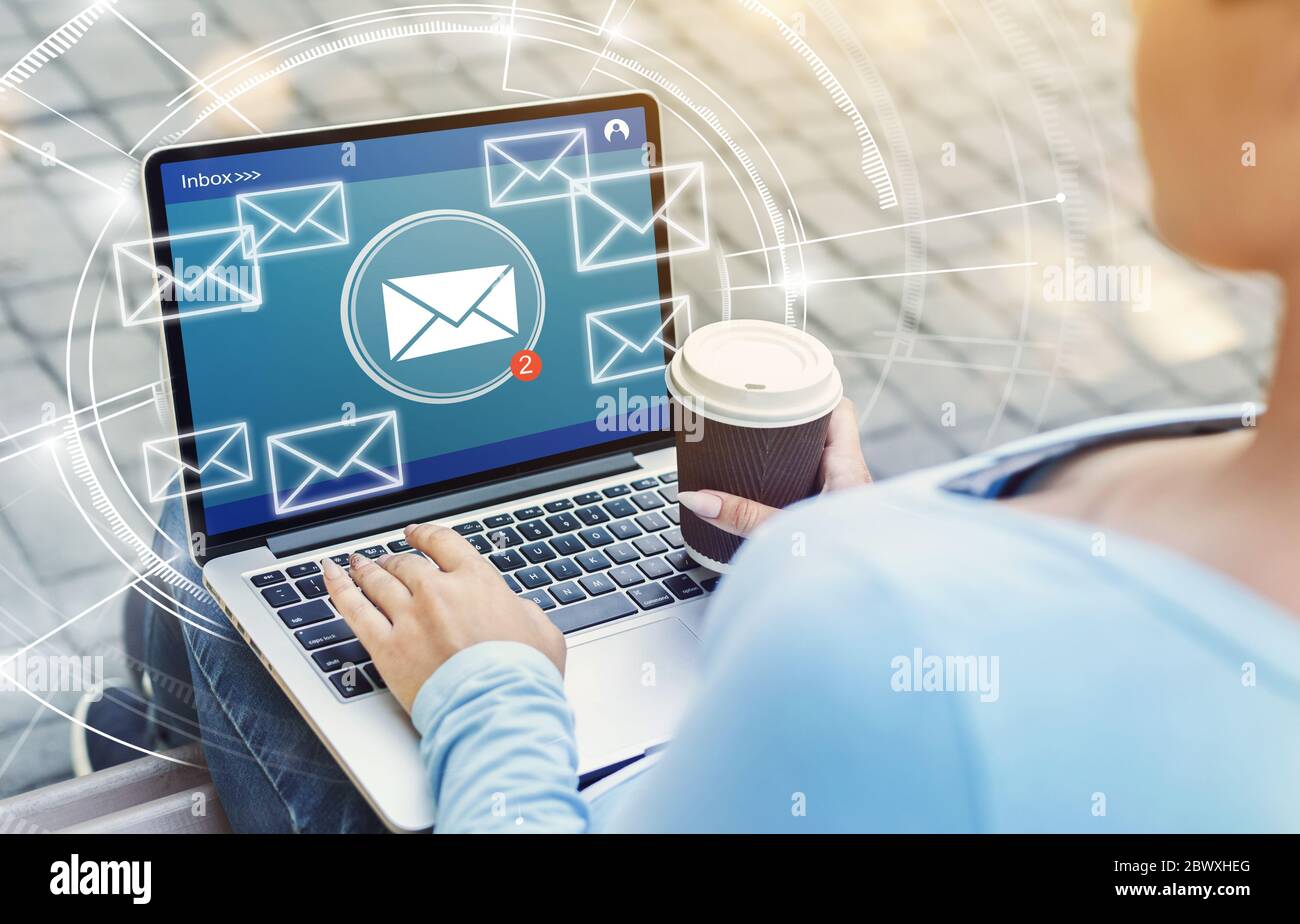 Mail Communication. Woman Using Laptop With New Email Notification On ...