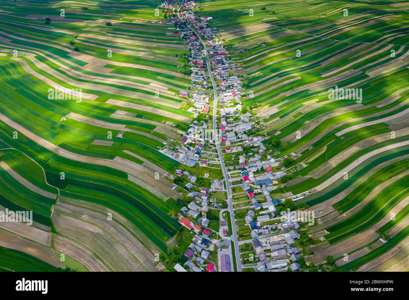 Poland from above. Aerial view of green agricultural fields and village ...
