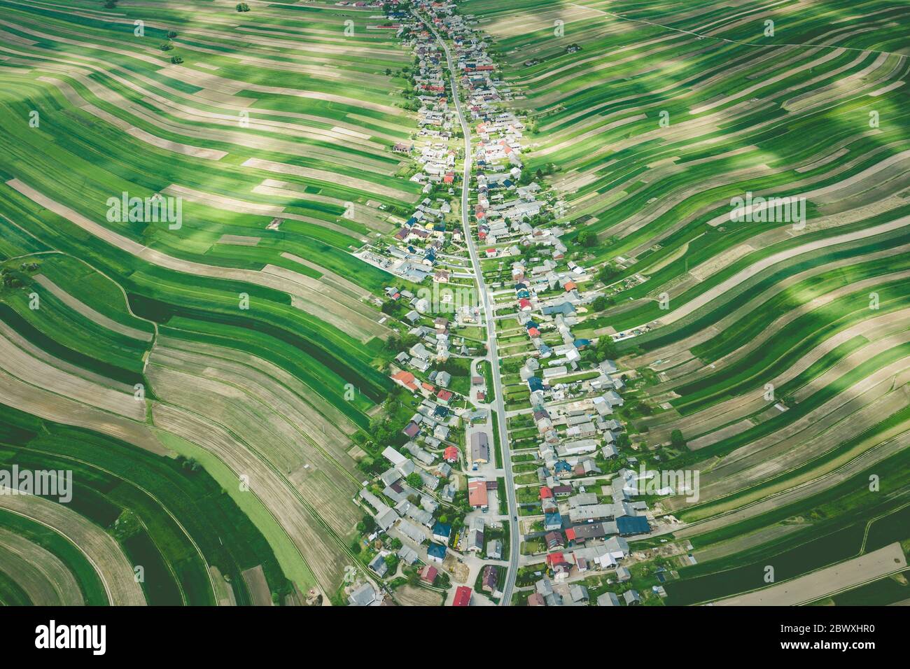 Poland from above. Aerial view of green agricultural fields and village ...