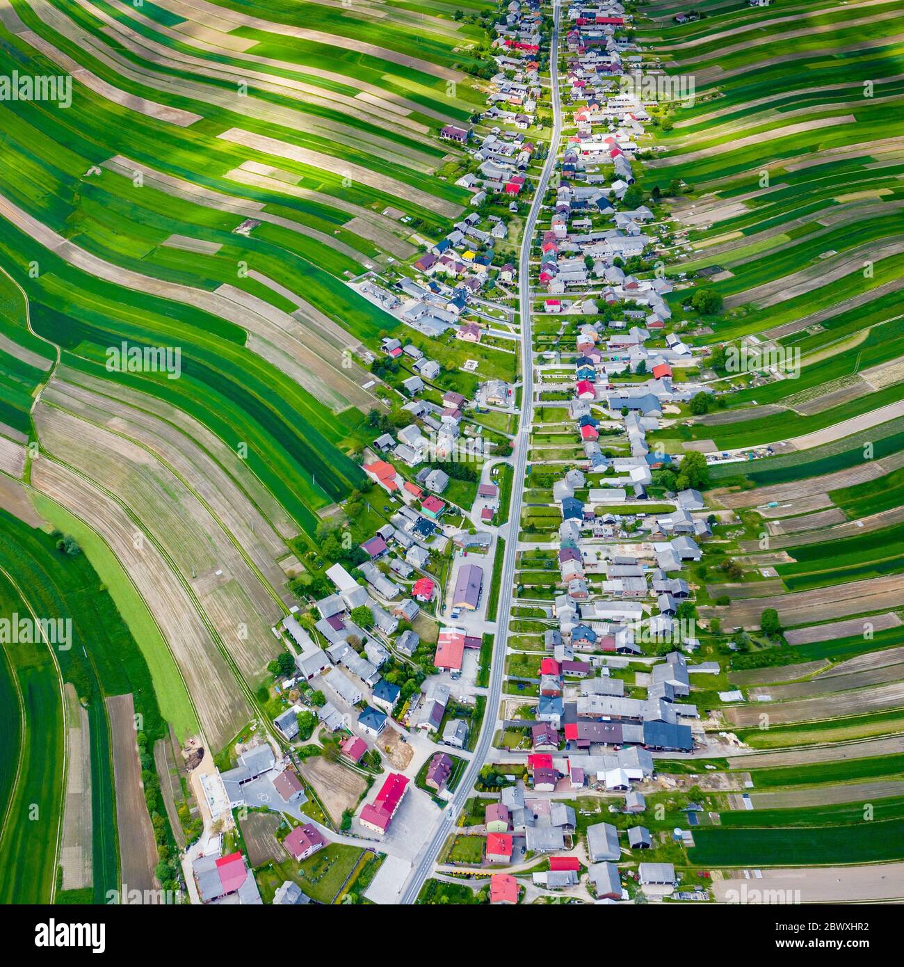 Poland from above. Aerial view of green agricultural fields and village ...