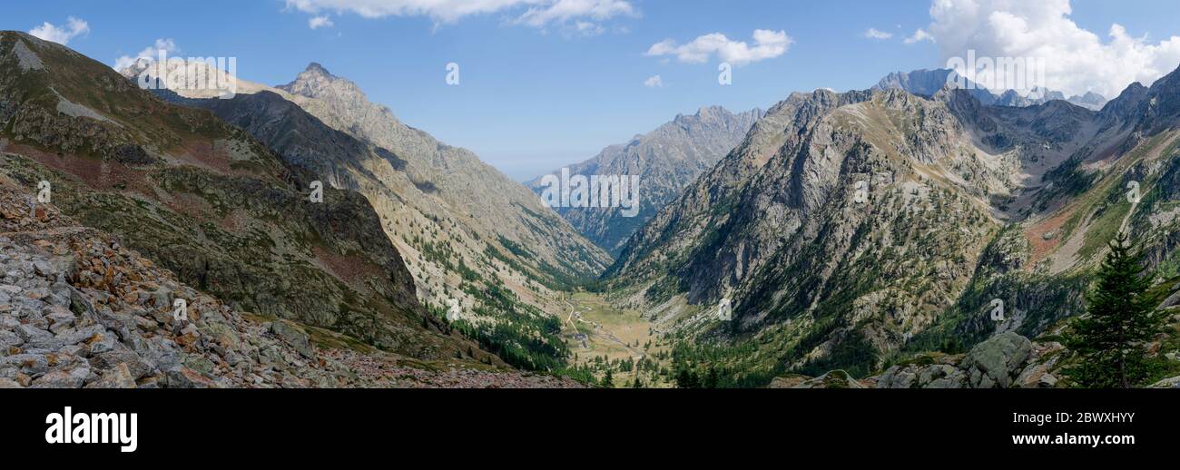 Mountain plateau with river, grass and trees Stock Photo - Alamy