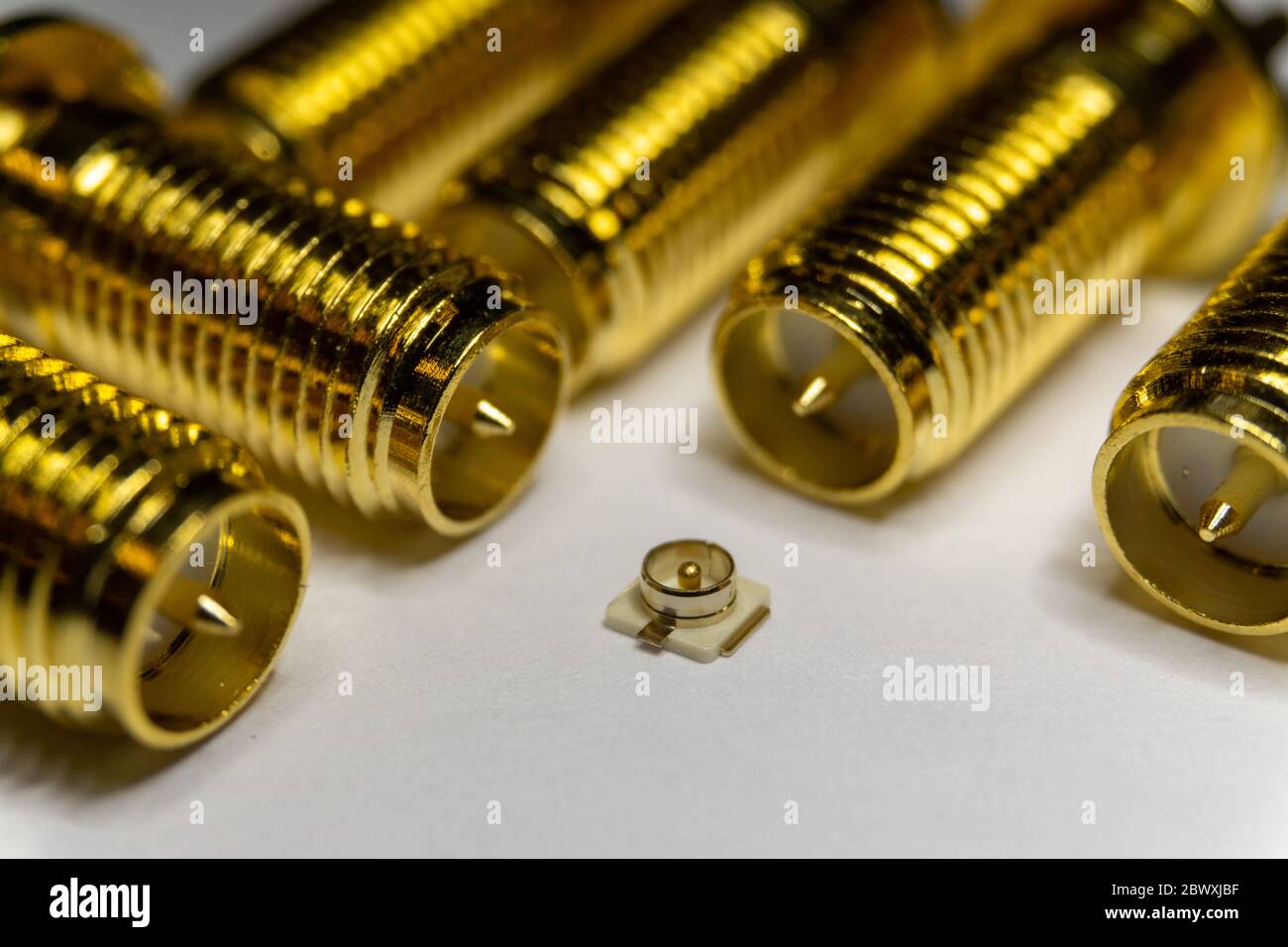 Close-up of symmetric aligned gold plated uFL micro precision radio ...