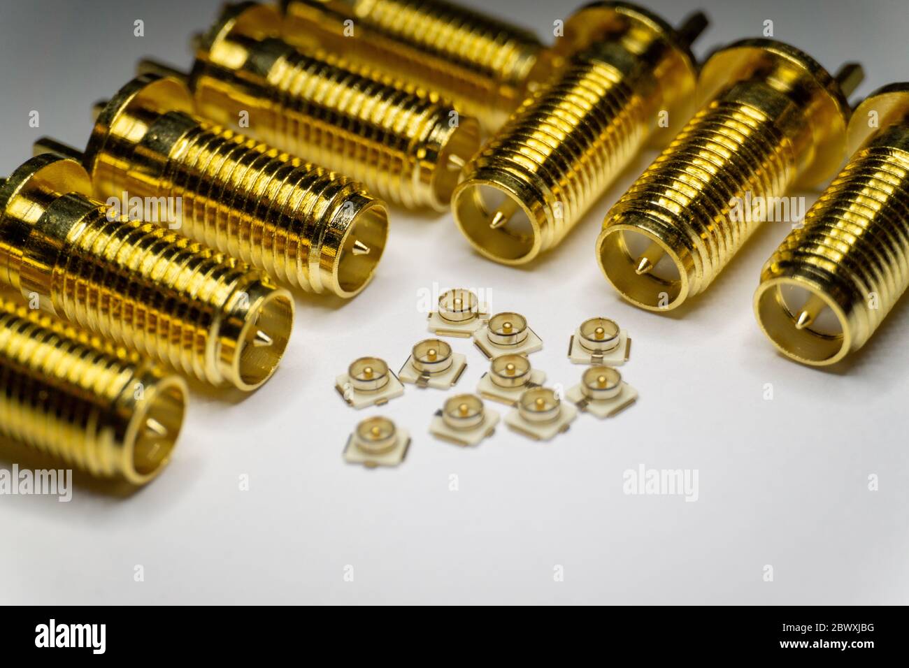 Close-up of symmetric aligned gold plated uFL micro precision radio ...