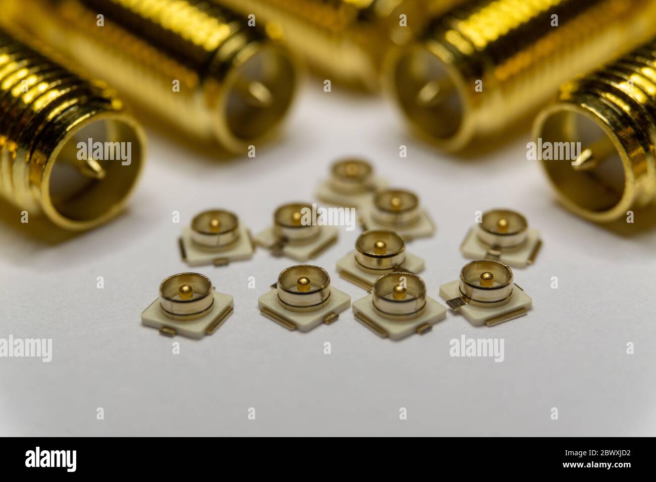 Close-up of symmetric aligned gold plated uFL micro precision radio ...