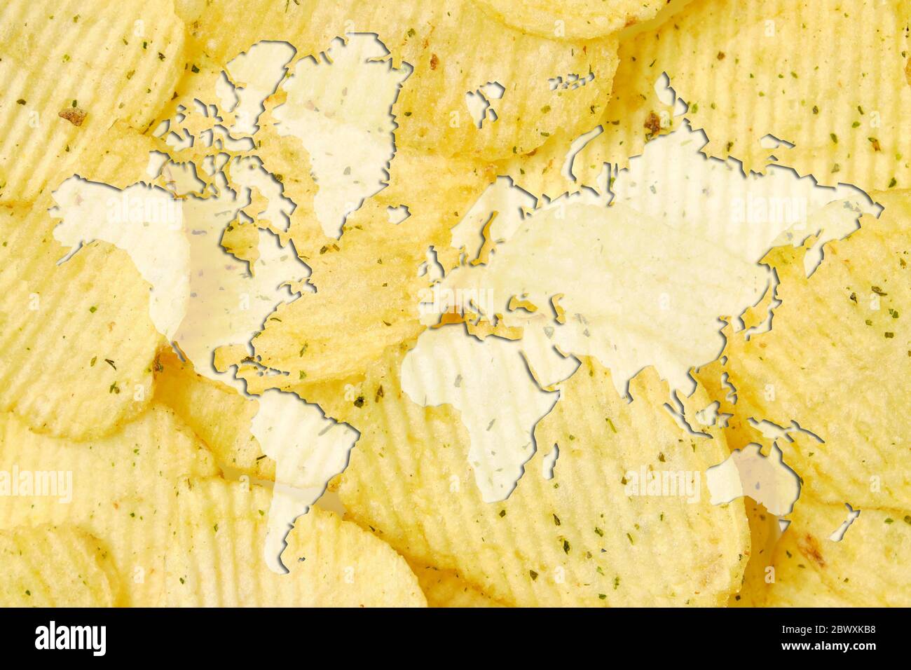 World map on the background of potato chips as an export concept Stock ...