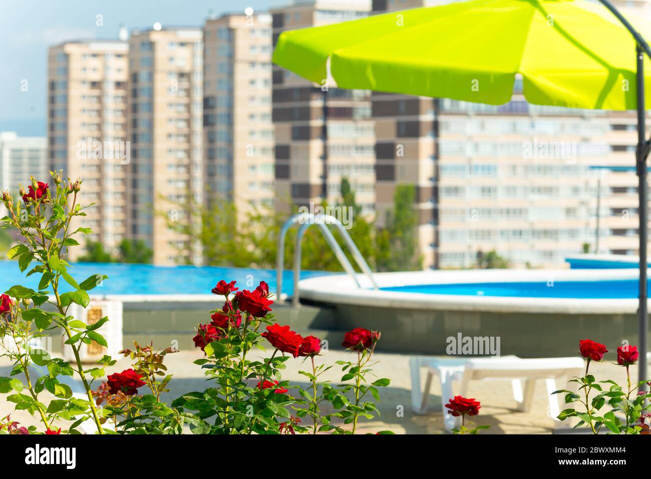 Outdoor swimming pool on beautiful cityscape background luxury scene ...