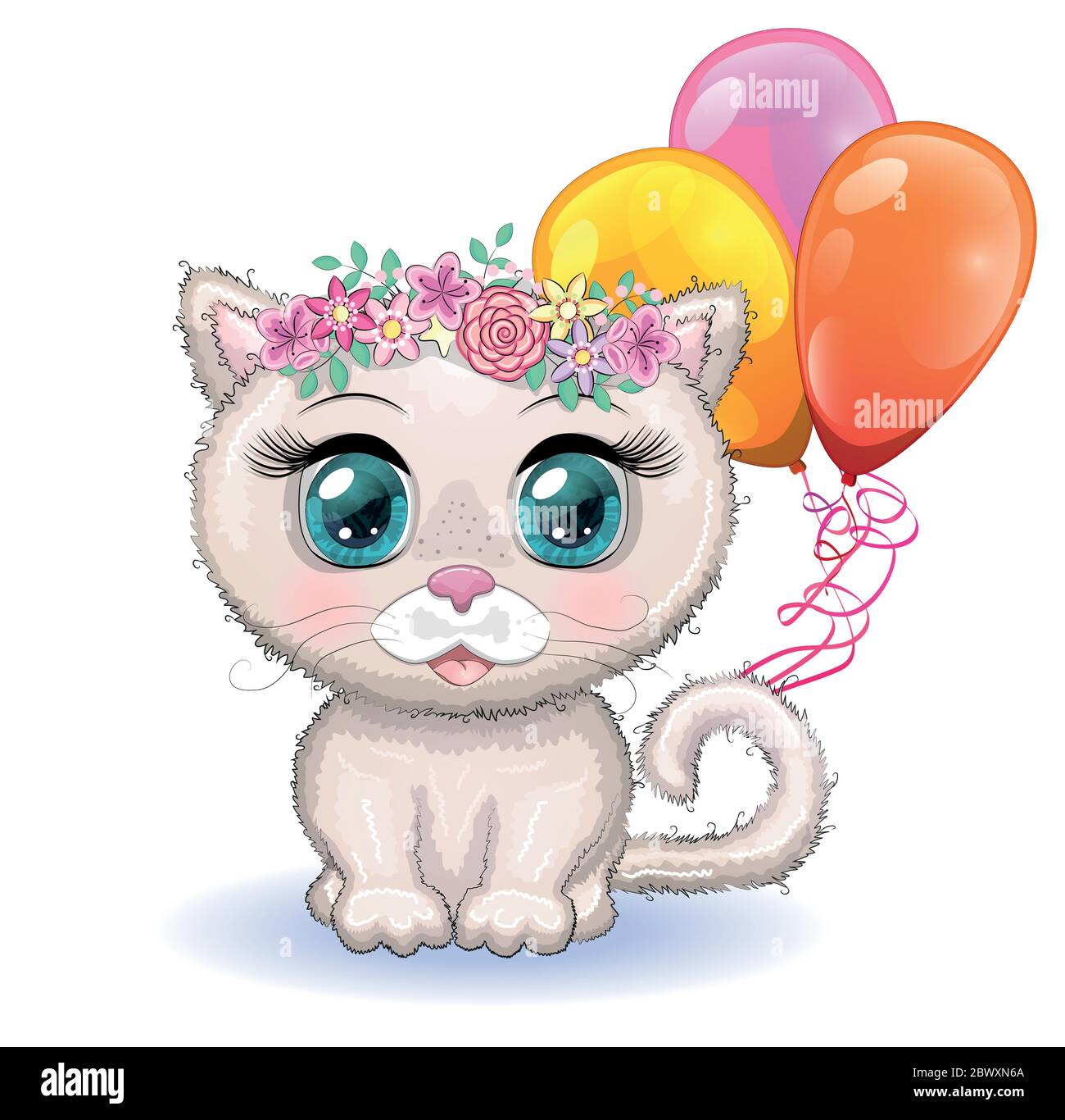 Cute cartoon pink cat, a kitten on a background of flowers holds balls ...