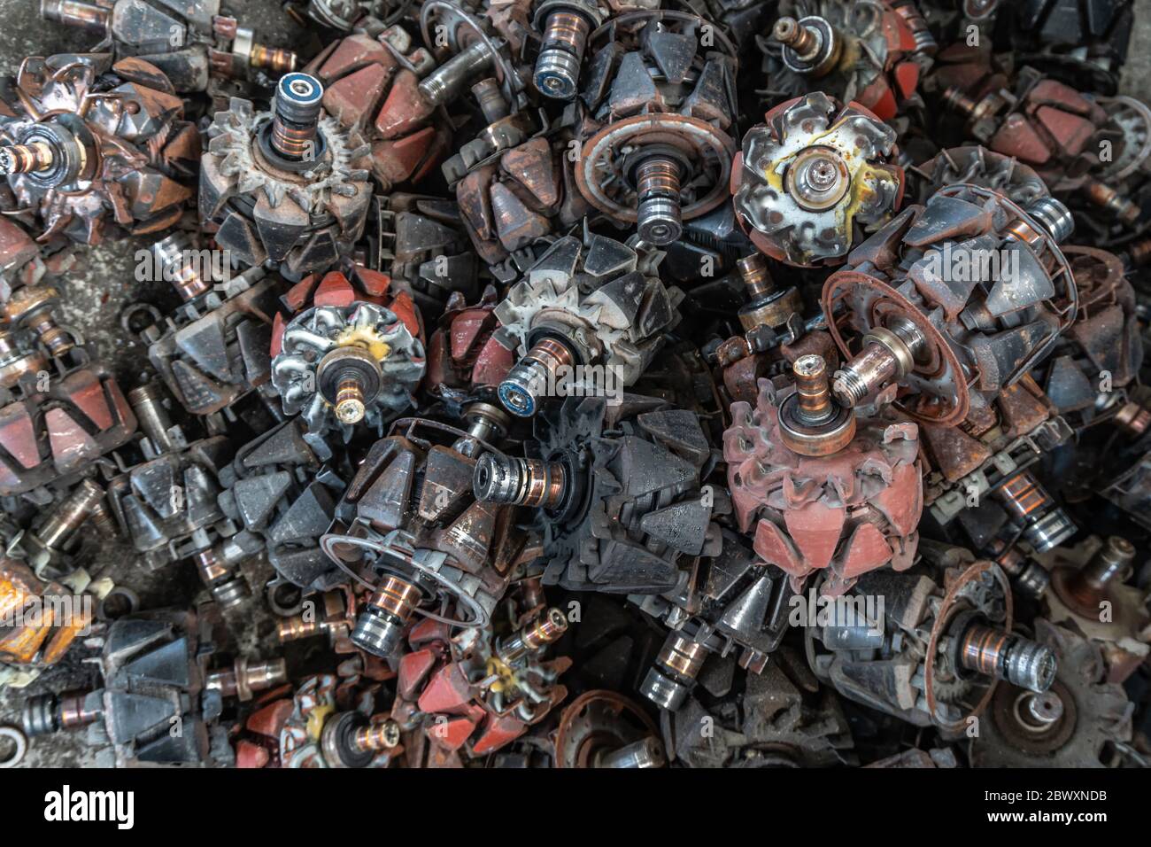 scrap yard of alternator rotor rotates inside stator for recycling ...