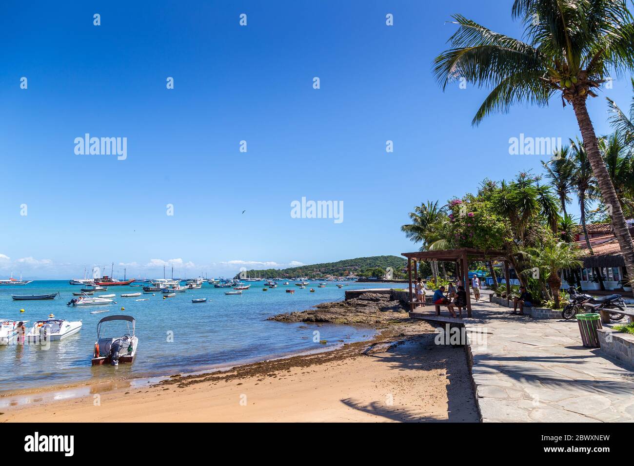 Panoramic view of the Buzios promenade on a sunny morning of summer ...