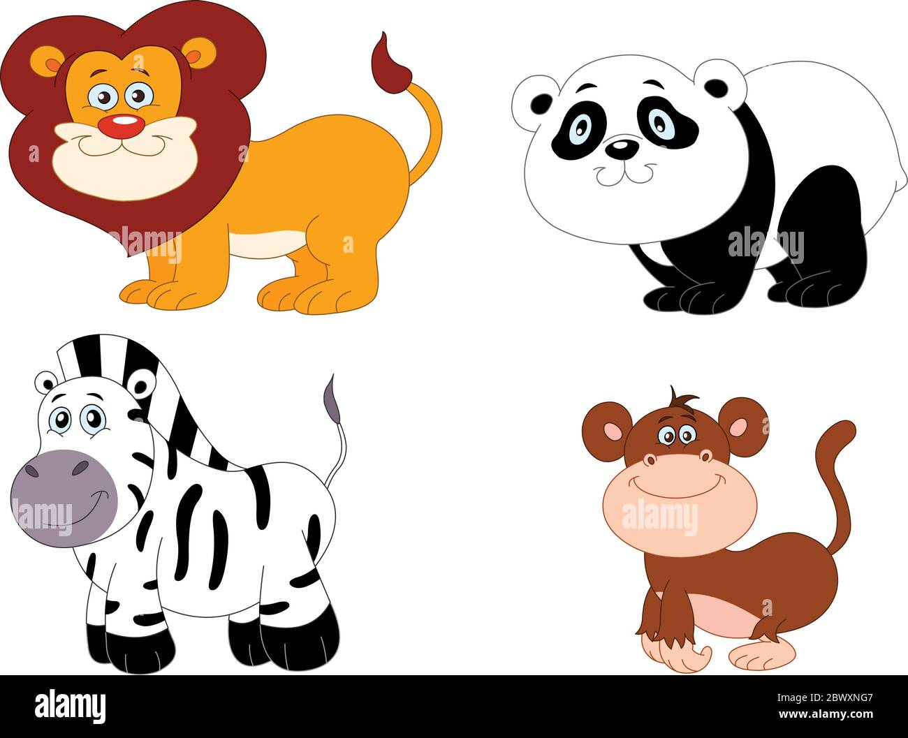 Illustration Set of cute animals: lion, panda, zebra and monkey Stock ...