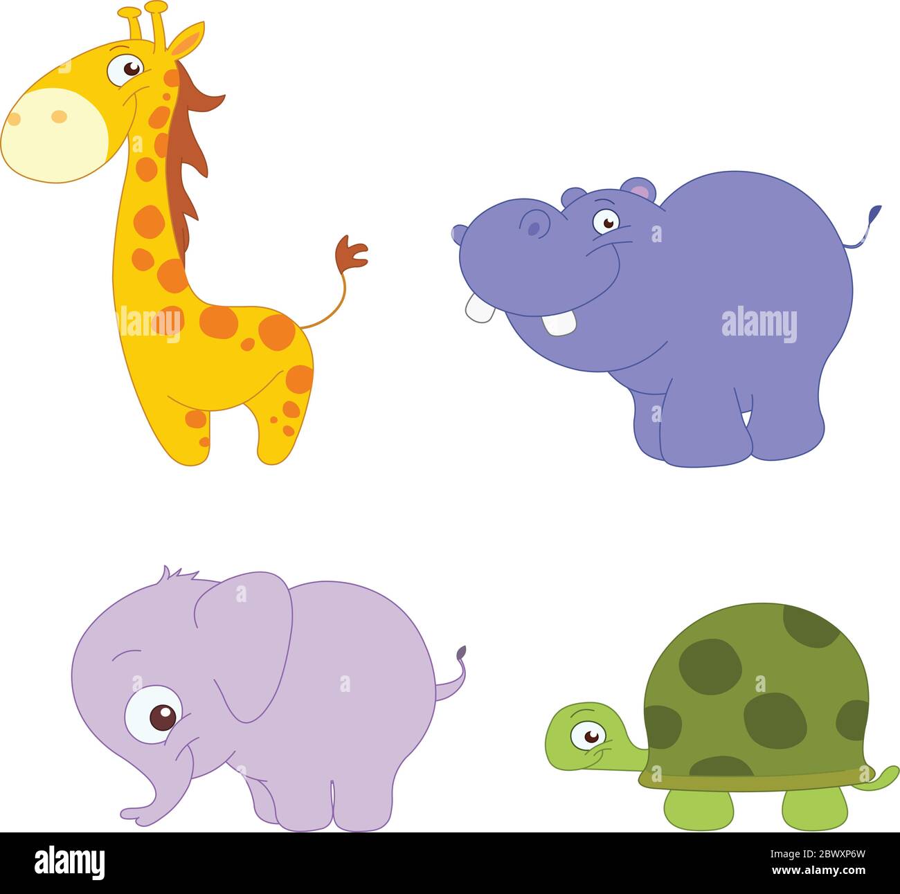 Illustration Set of cute animals: giraffe, hippopotamus, elephant and ...
