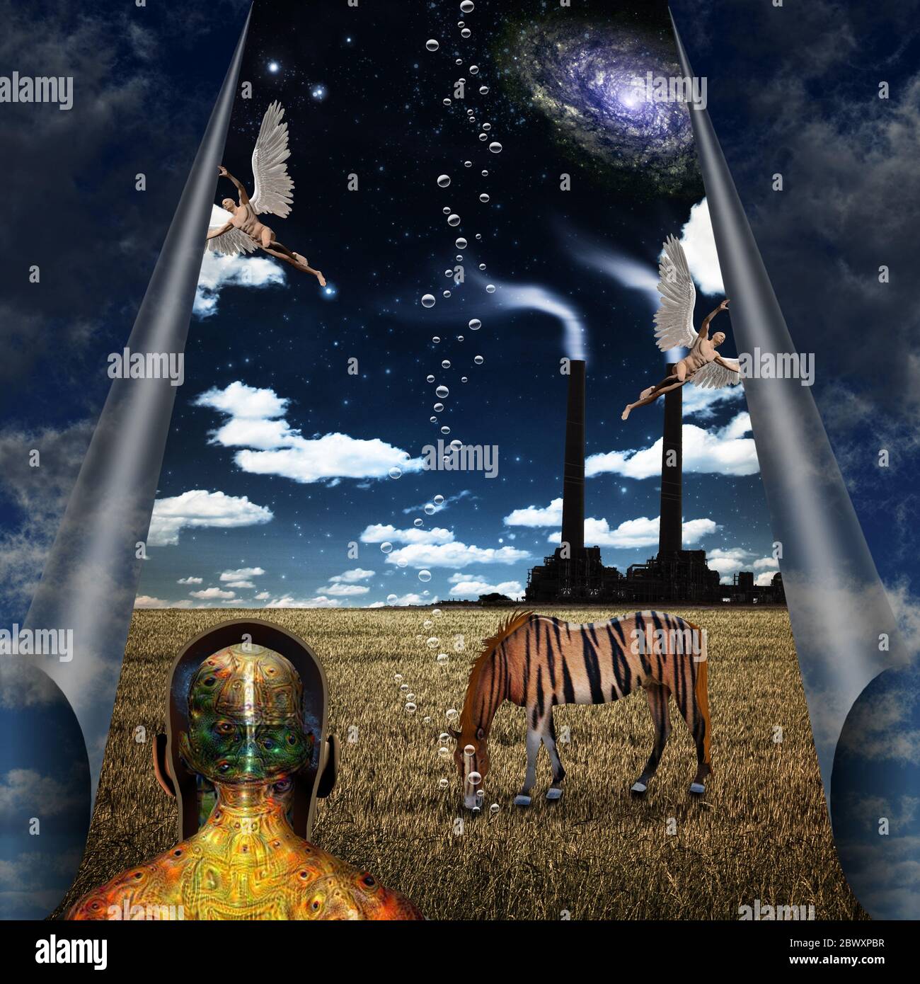 Unreal world. Tiger horse, angels and factory Stock Photo - Alamy