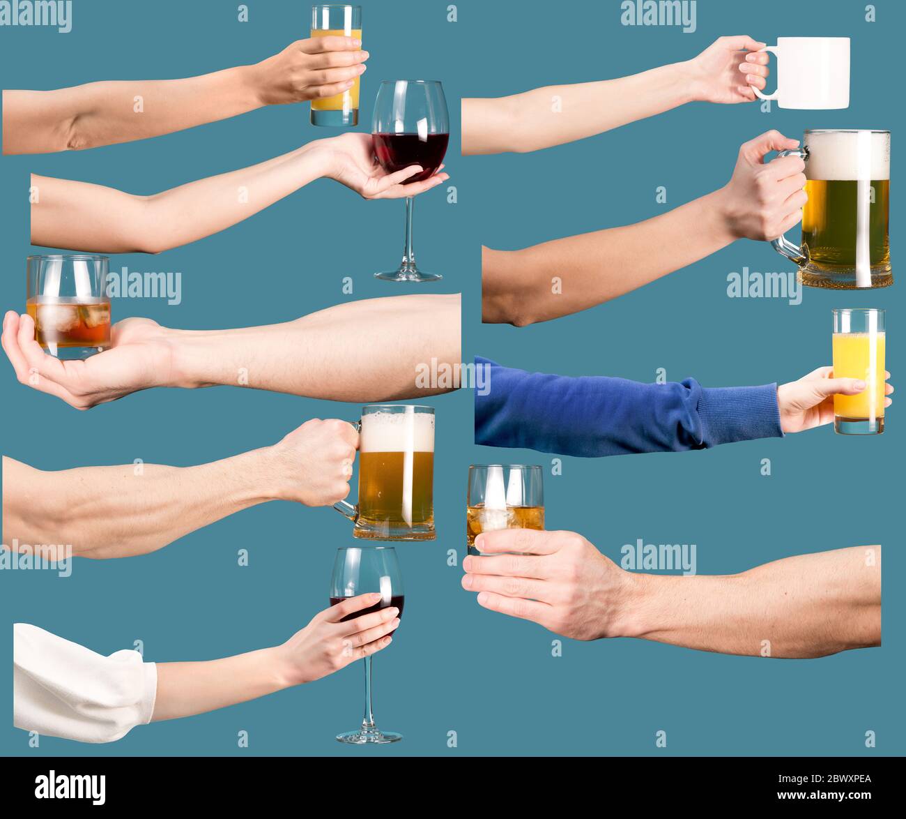 Set of female and male hands with alcoholic and non-alcoholic drinks ...