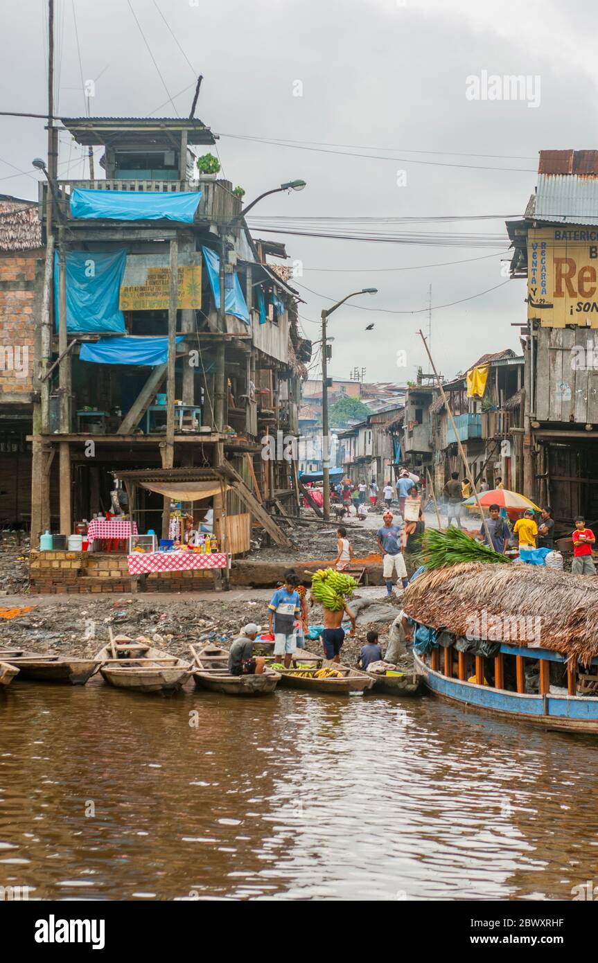 View of houses in Belem in Iquitos, a city on the Amazon River in the ...