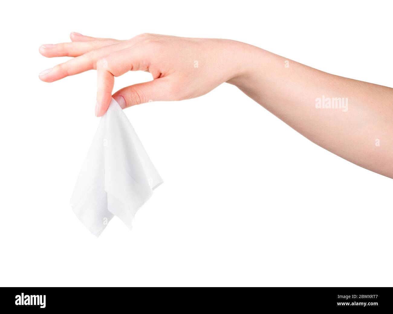 Woman hand use antibacterial wet wipes or tissue isolated on a white ...