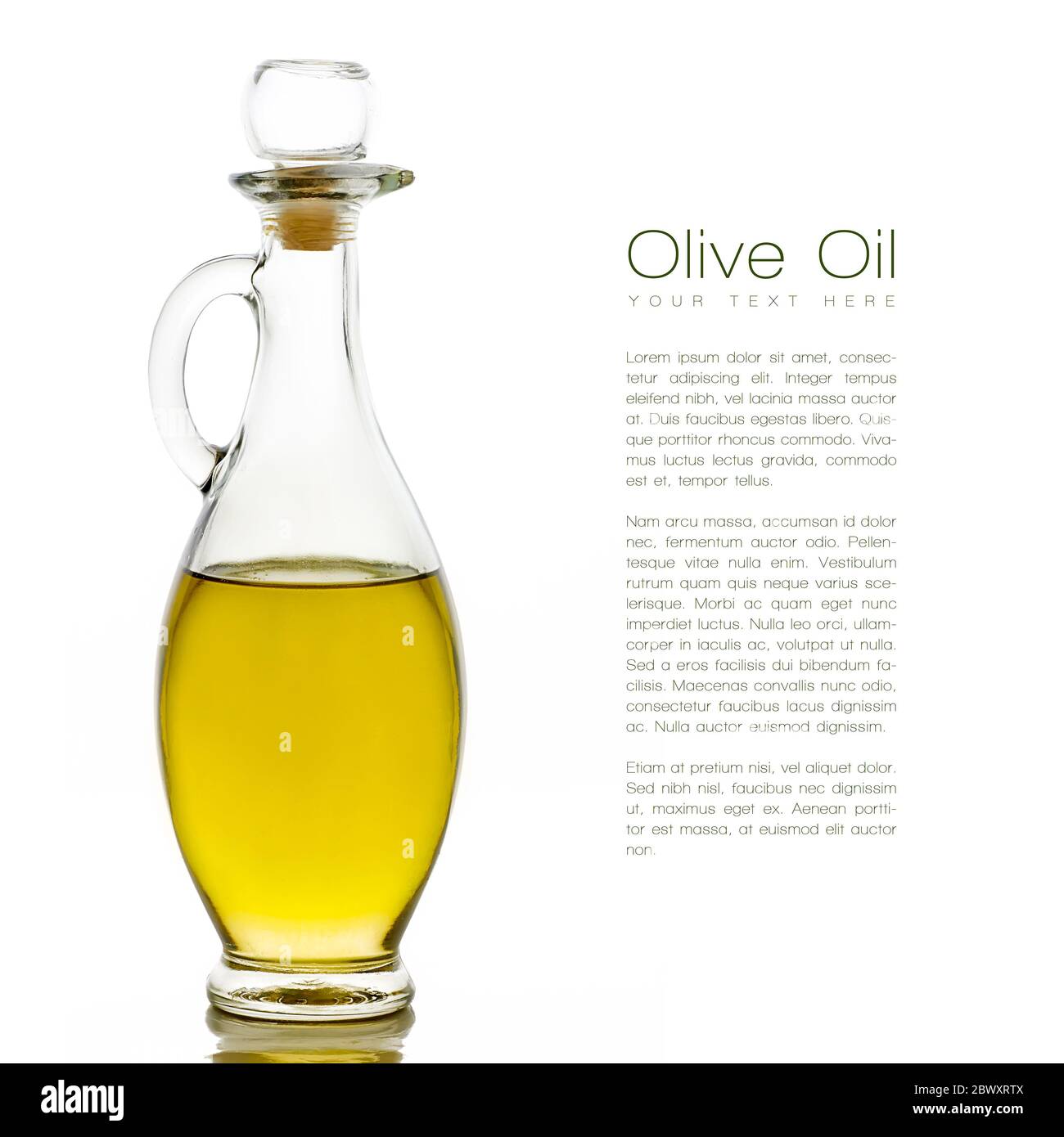Close up golden olive oil on glass bottle with sample text at the right ...