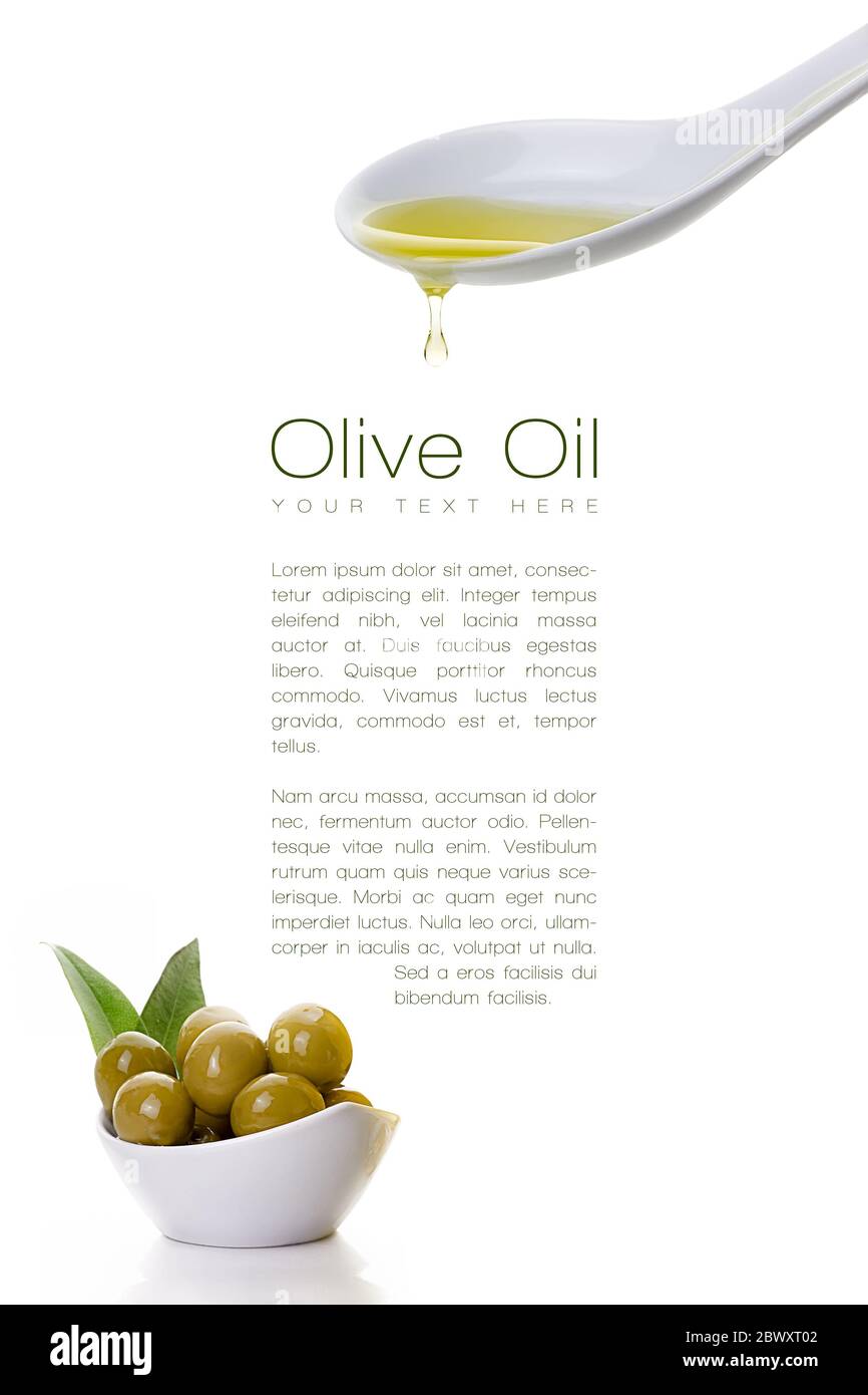Healthy virgin olive oil dripping from a white ceramic spoon on a ...