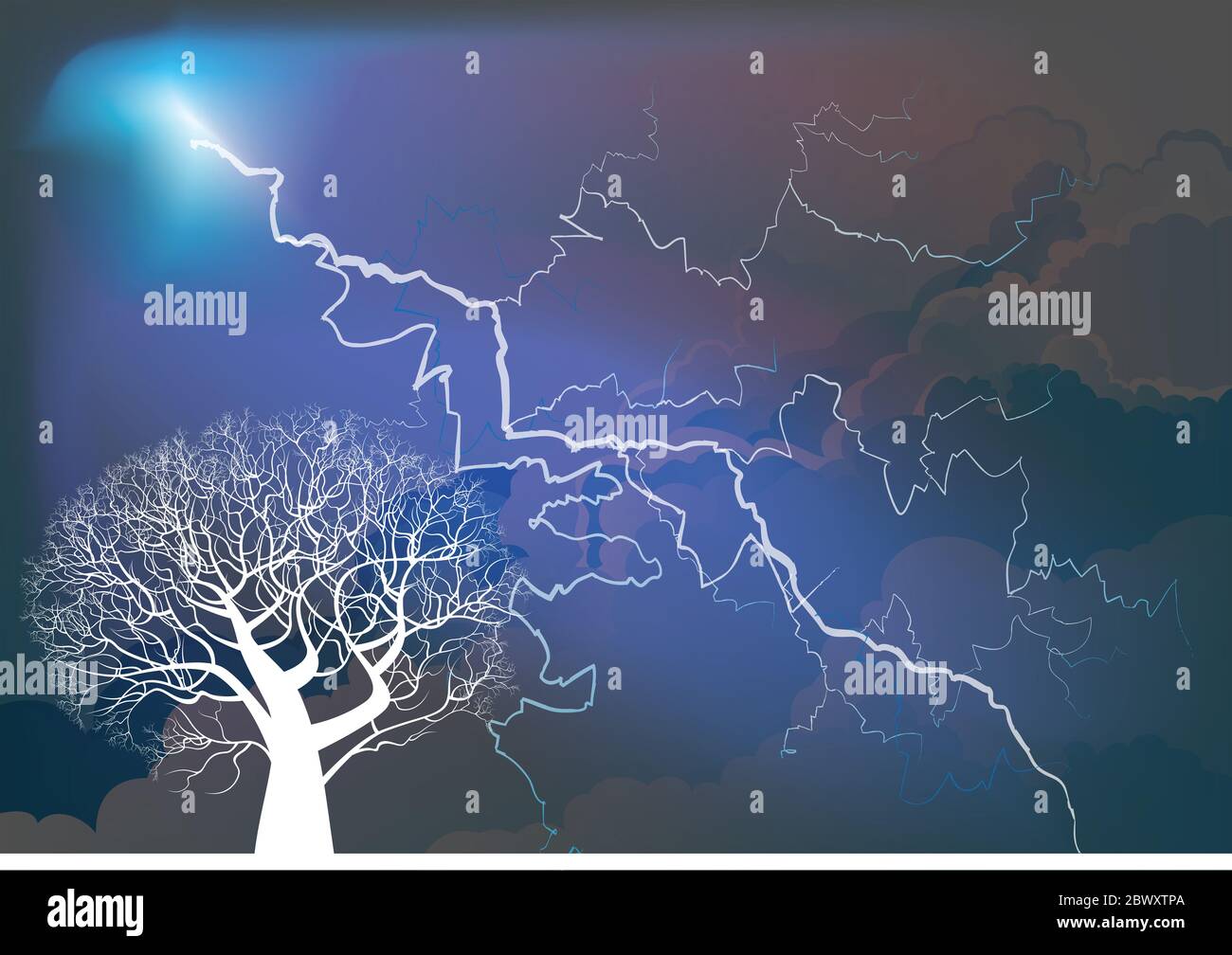 Dramatic thunderstorm with lightning arcing across a darkened cloudy ...