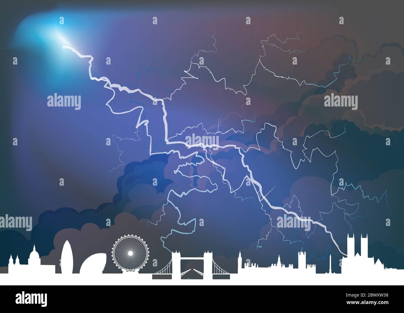 Dramatic thunderstorm with lightning arcing across a darkened cloudy ...