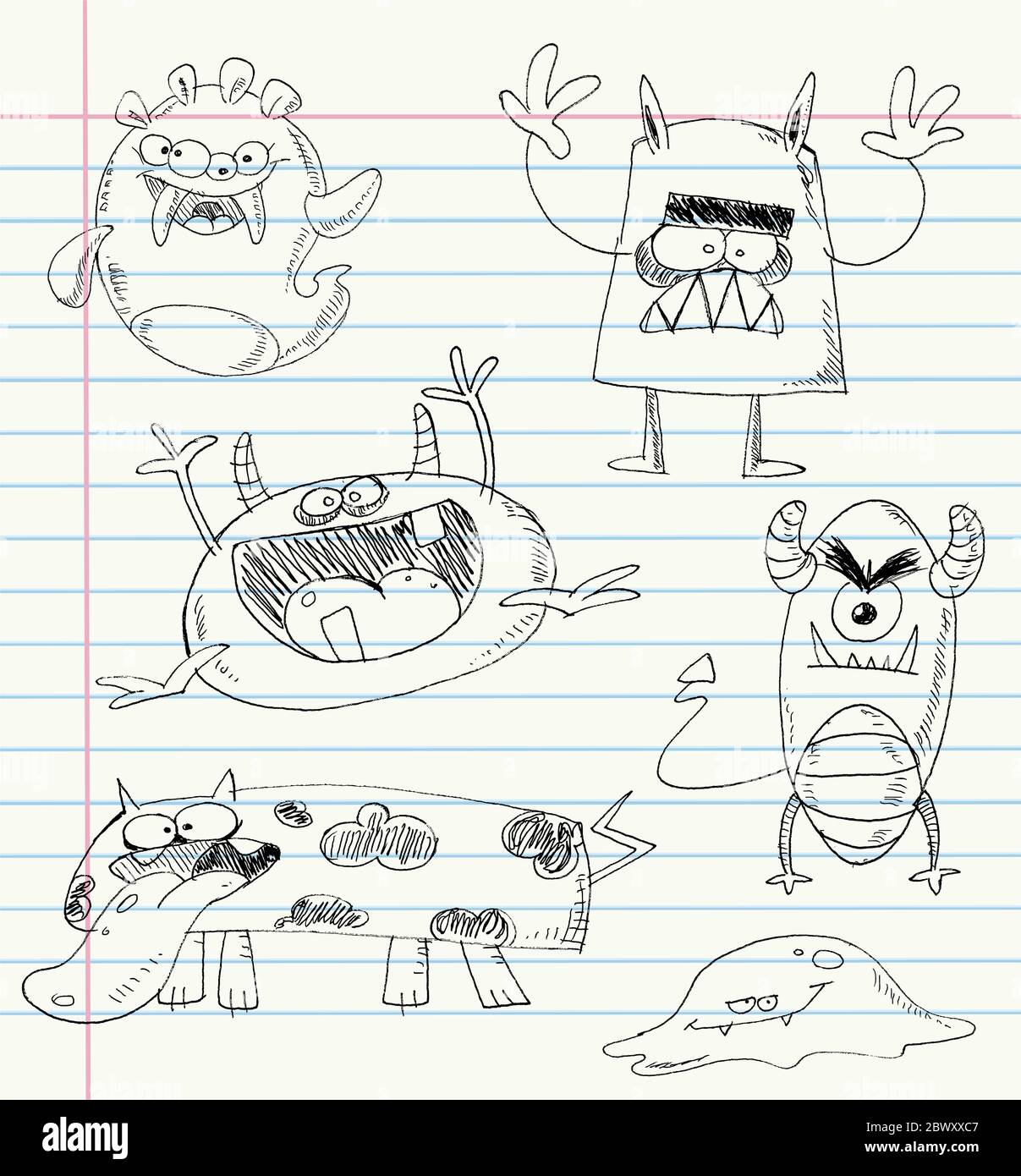 Vector monster doodles on a notebook paper. Set number 2 Stock Vector ...