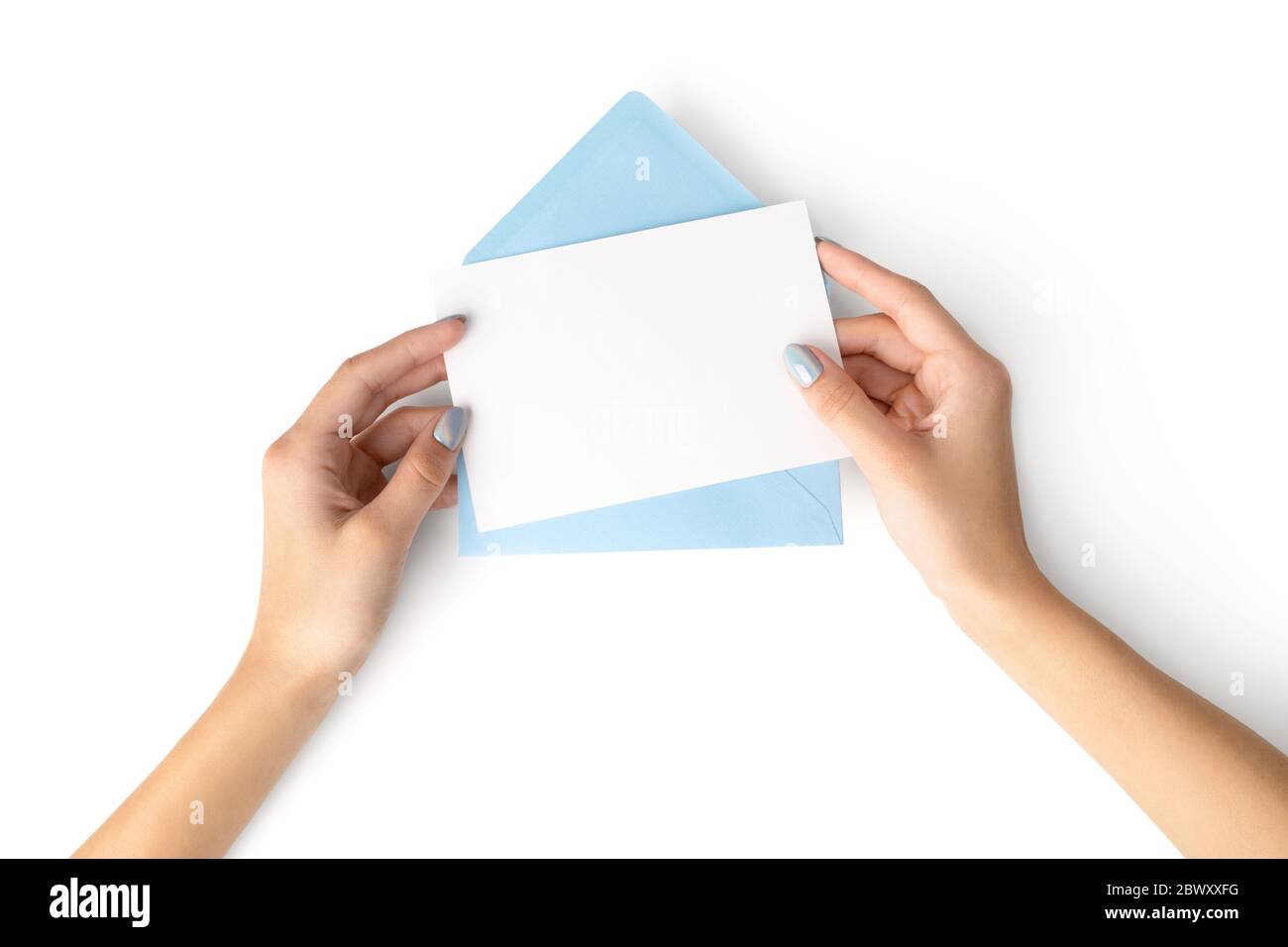 Woman's hand with holographic fashionable manicure holding letter Stock ...