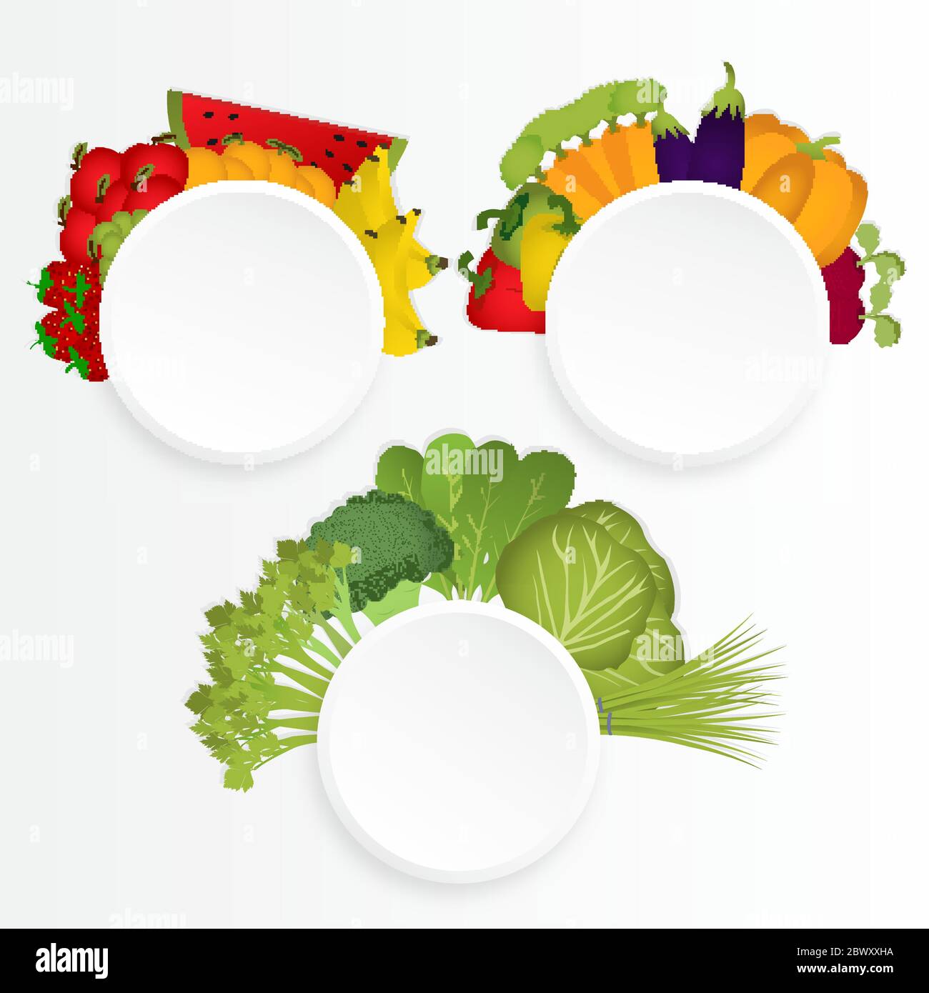 Three circles of food groups: fruits, legumes and vegetables. Copy ...