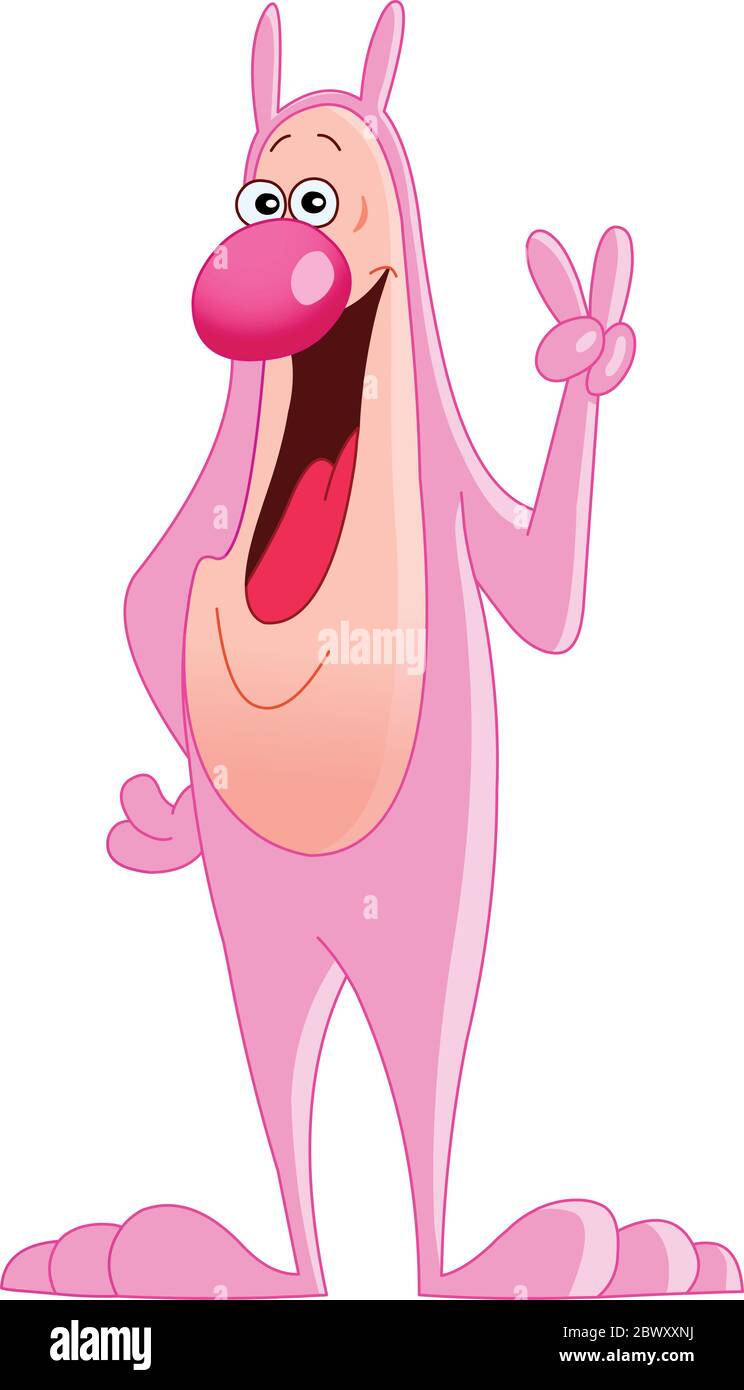 Funny man dressed up as a pink rabbit gesturing the peace sign Stock ...
