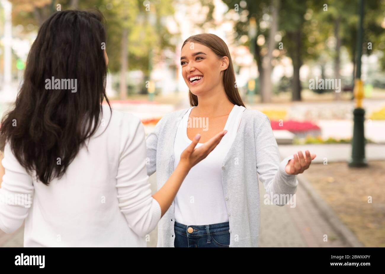Two Happy Girls Greeting And Talking Meeting In Park Outdoor Stock ...