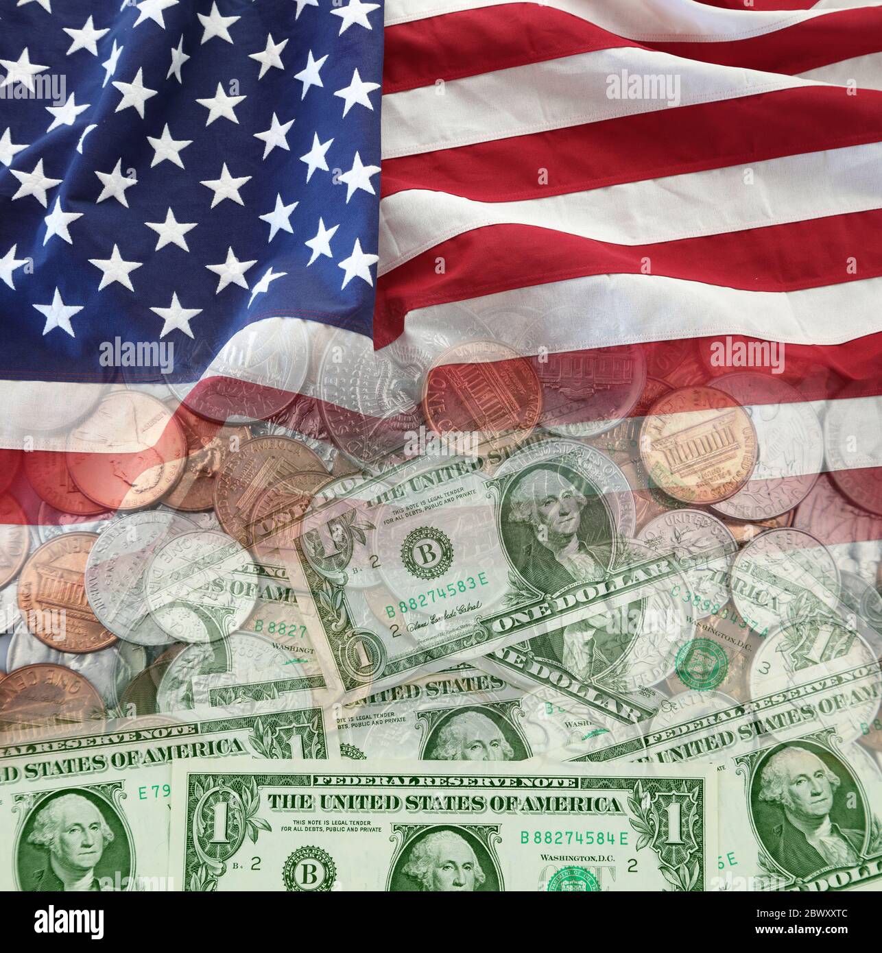 American flag, assorted coins and banknotes Stock Photo - Alamy