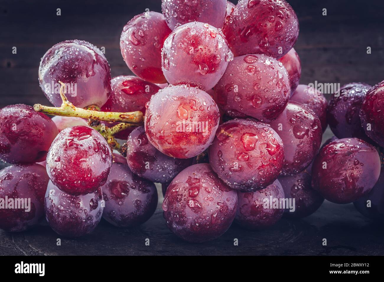Macro photography of fresh, dark red grapes with water splashes on dark ...