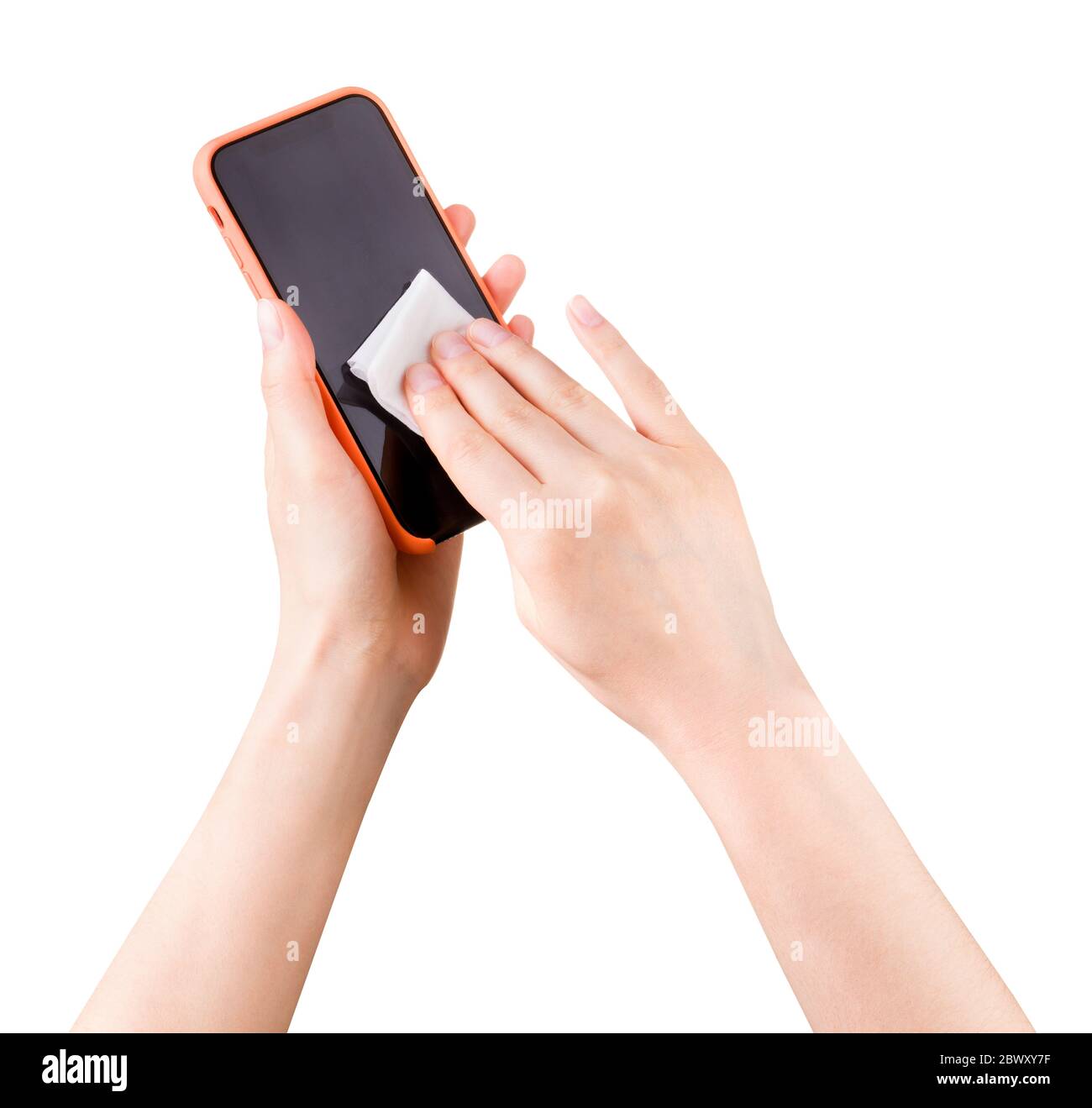 Woman hand clean mobile phone by wet wipe isolated on white background ...